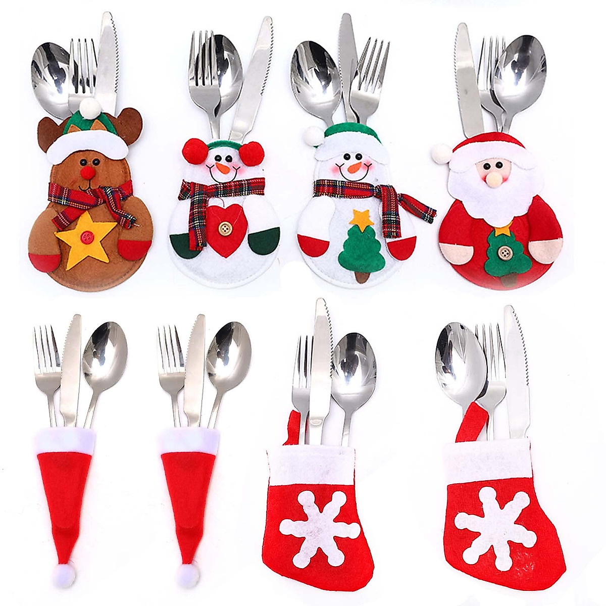 WeePaww 8Pcs Christmas Tableware Holders Set, Santa Silverware-Holders Cutlery-Holders Flatware-Organizers Knife and Fork Bags Covers for Christmas Party Decorations Xmas Dinner Table Decor Ornaments