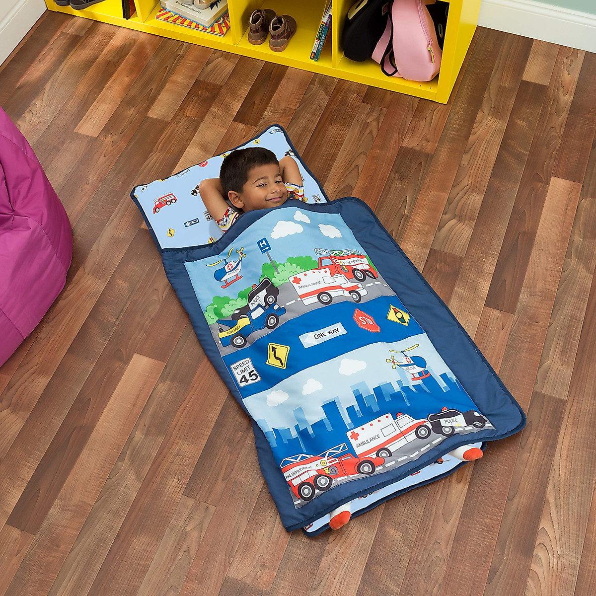 EVERYDAY KIDS Toddler Nap Mat with Removable Pillow -Fire Police Rescue- Carry Handle Fastening Straps Closure, Rollup Design, Soft Microfiber for Preschool, Daycare, Sleeping Bag -Ages 2-6 years