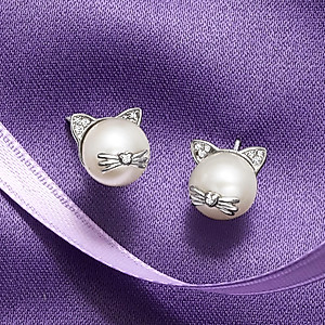Ross-Simons 8-8.5mm Cultured Pearl Cat Earrings with Diamond Accents in Sterling Silver