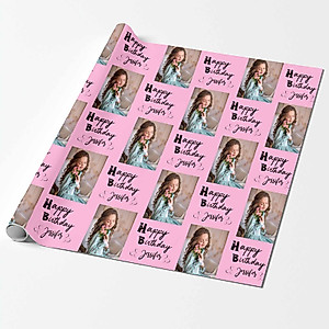 MyPupSocks Personalized Photo Wrapping Paper, Happy Birthday with Name Photo Pink Custom Gift Wrapping Paper with Picture for Teens Women Men Mom Dad Birthday Wedding Anniversary 58x23 2 Rolls