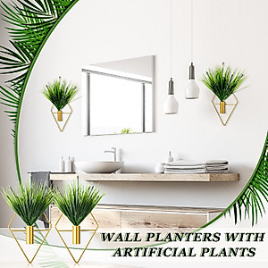 2 Pieces Diamond Shape Hanging Planters with Artificial Aquatic Plants Metal Hanging Vase Indoor Plants Holder Modern Geometric Wall Decor for Home Living Room Office (Gold, Aquatic Plant)