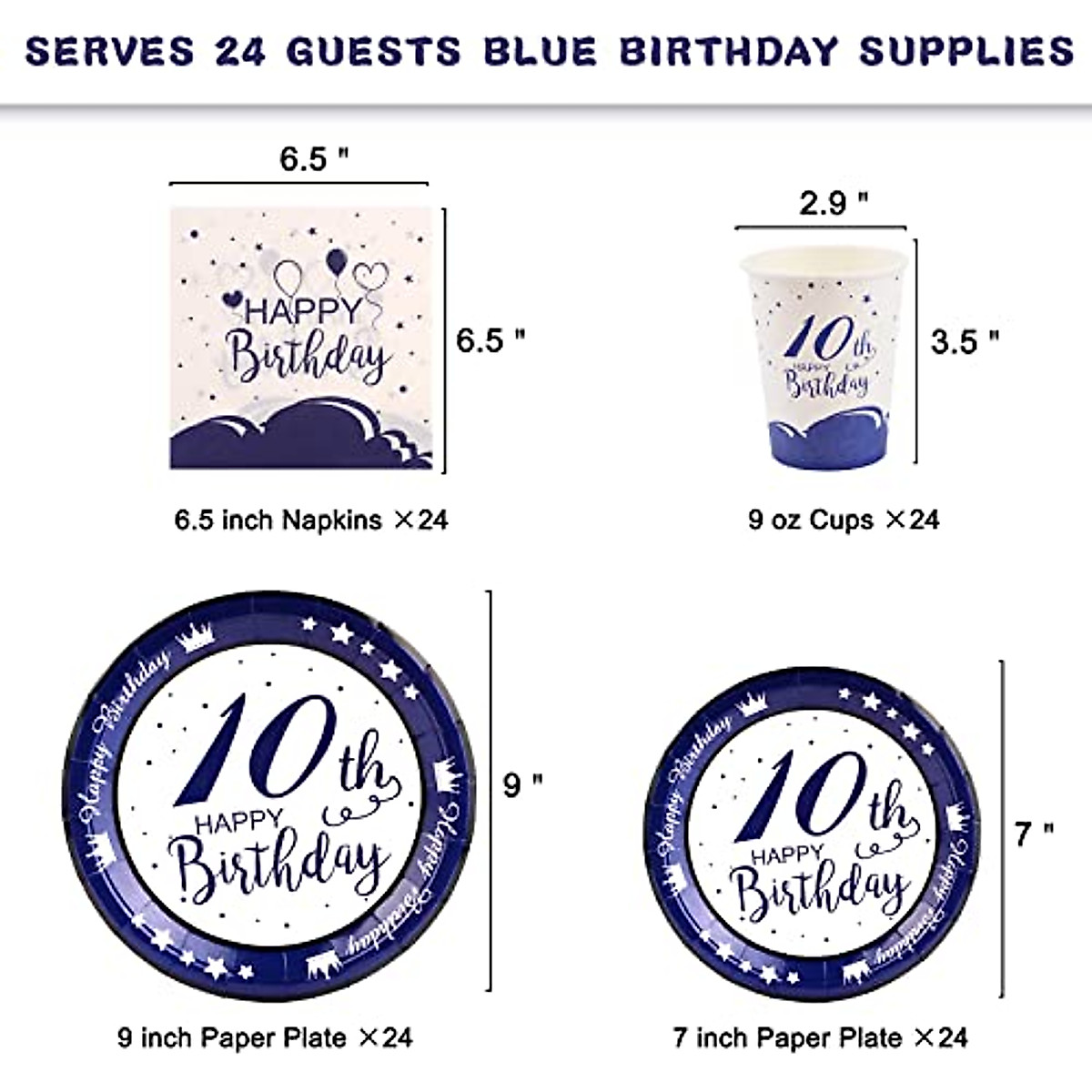 10th Birthday Decorations for Boys Girl, 96pcs Happy Birthday Plates and Napkins Navy Blue Party Tableware Set Party Supplies Paper Plates Napkins Cups 10th Birthday Plates - Serves 24 Guests