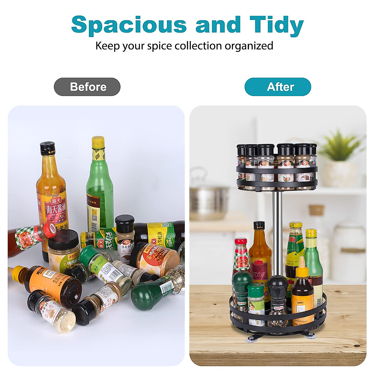 Lazy Susan Spice Rack 2 Tier Organizer for Kitchen Countertop Cabinet Pantry 10 inch Stainless Steel 360° Rotating Spice Rack (Black)