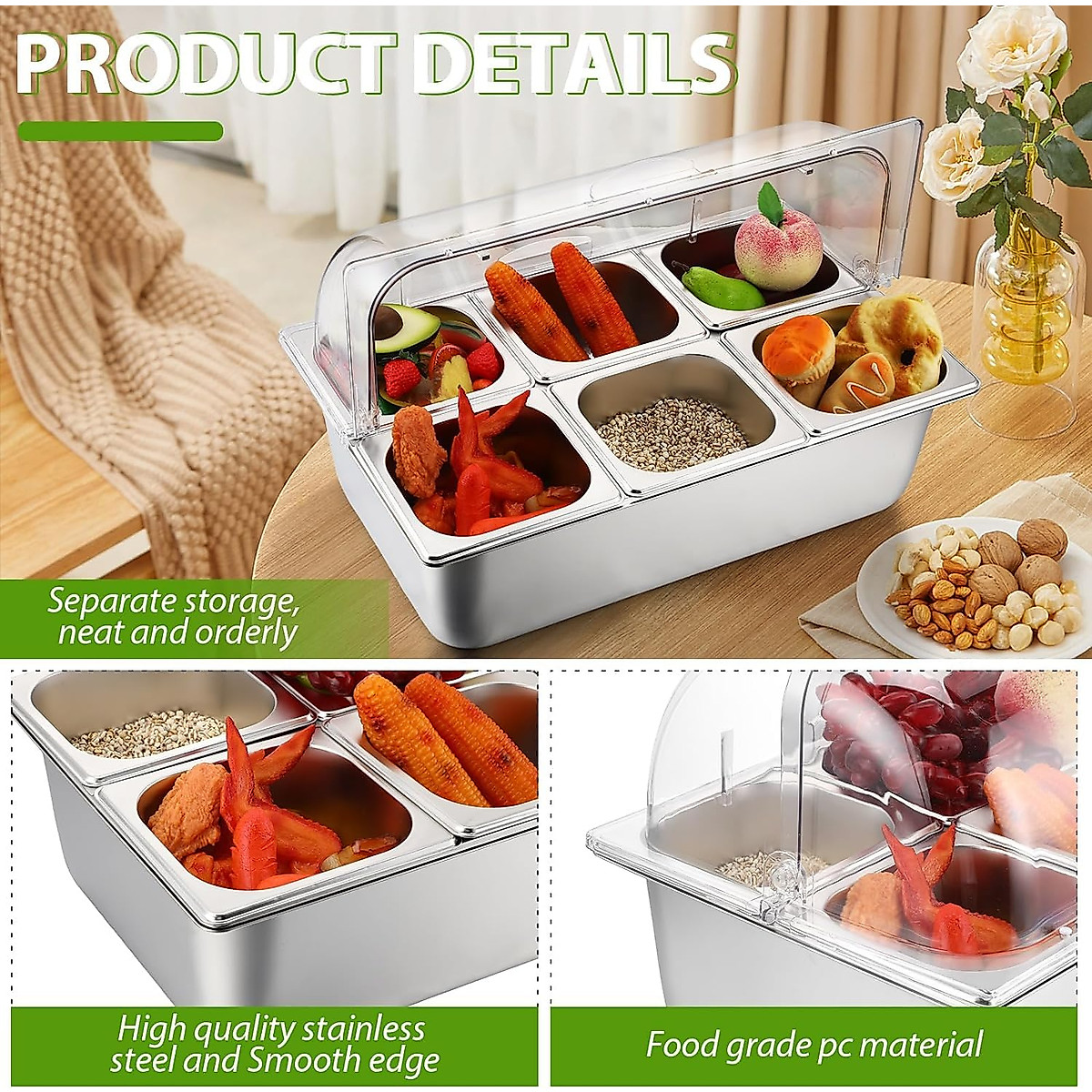 GCIUEMMH Chilled Veggie Tray with Lid - Stainless Steel Food Serving Tray Buffet Condiment Dispenser 6 Pan Countertop Food Serving Container with Clear Top Cover for Seafood Fruit Party Buffet Tray
