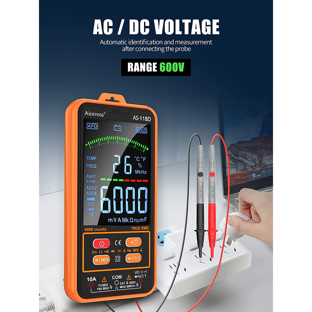 Aicevoos AS-118D Smart Digital Multimeter Auto-Ranging Voltmeter Electrical Tester Measures Voltage Current Capacitance Resistance Continuity Duty-Cycle Temperature Frequency