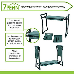 7Penn Garden Stool - 2 in 1 Garden Kneeler and Garden Work Seat Green Foldable Stool with Pouches and Cushioned Seat