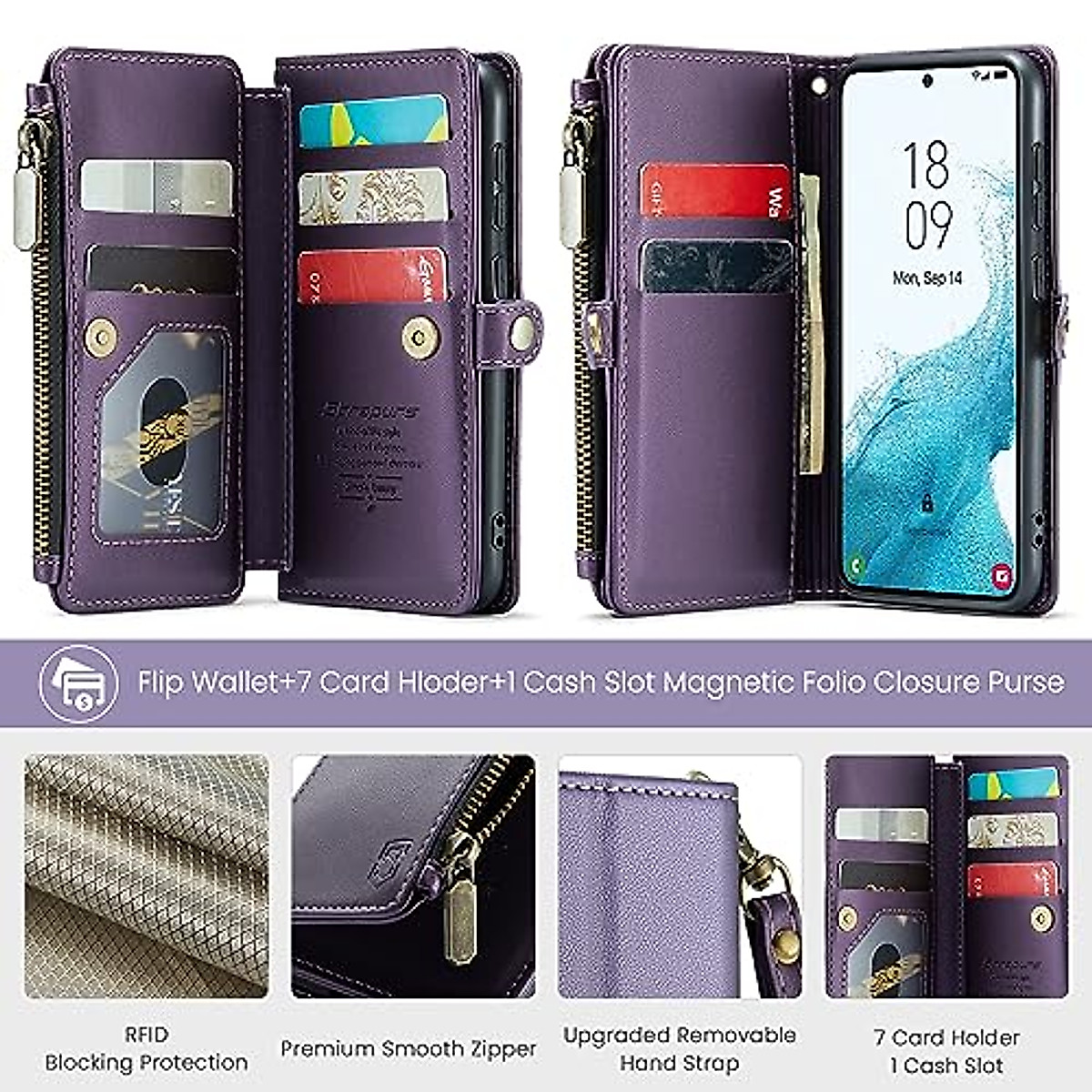 Strapurs Compatible with Samsung Galaxy S22 Wallet Case, for Galaxy S22 Case Wallet with Card Holder【RFID Blocking】 Zipper Wristlet PU Leather Magnetic Flip Folio Cover for Women and Men,Purple