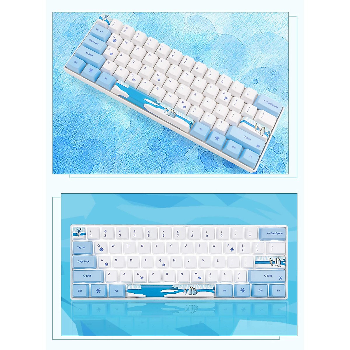 ZMX Blue Penguin 61 Mechanical Keyboard,Hot Swappable 60％Compact Mechanical 5.0Bluetooth/Type-C Wired Dual-Mode RGB Backlit Dye-Sublimation PBT Keycap Gaming Keyboard（Blue Switch）