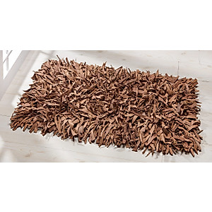 HF by LT Handwoven Leather Shag Rug - 23" x 35", Pecan Brown, Durable and Stylish Modern Leather Accent Rug for Entryway, Living Room, or Bedroom Decor