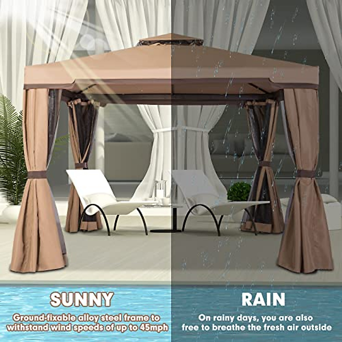 Crownland Outdoor Patio Garden Gazebo 10 x 10 FT, with Mosquito Netting and Double Square Tops, for Wedding Party Commercial Use Backyard Events