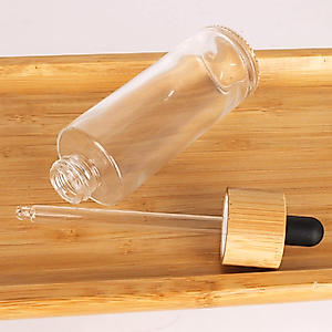 COSIDEA 6 PCS empty 60ml / 2 oz clear glass bottles with wood bamboo dropper lids for serum and essential oil, DIY cosmetics oils containers, travel perfume droppers bottle container
