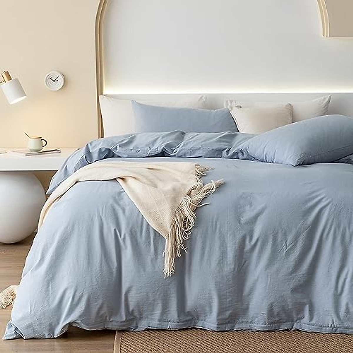 JIYUAN 100% Washed Cotton Duvet Cover Set Comfy Simple Style Soft Breathable Textured Durable Linen Feel Bedding for All Seasons Full/Double Size,Solid Light Blue