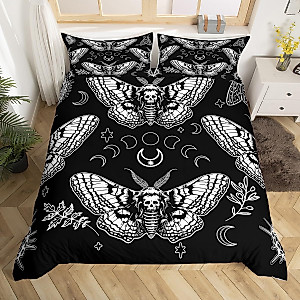 Death Moth Duvet Cover Set Queen Size Youth Gothic Skull Bedding Set 3pcs for Kids Boys Teens Room Decor, Moth Skeleton Skull Comforter Cover Moon Stars Quilt Cover with 2 Pillowcases, No Comforter