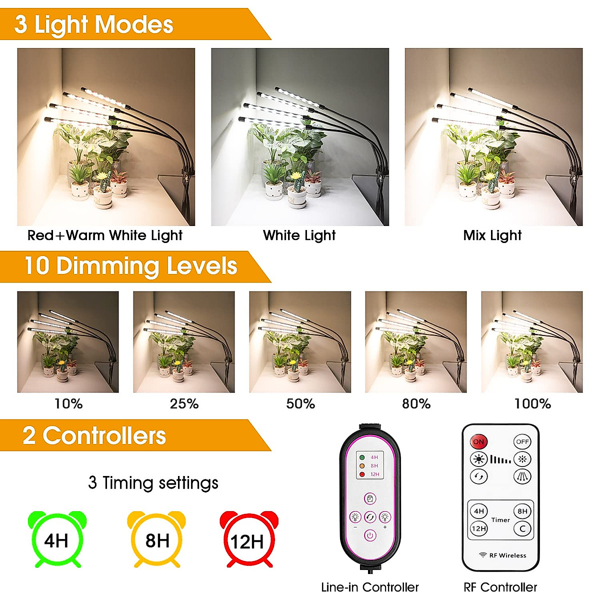 wolezek Grow Lights for Indoor Plants, 4-Head Full Spectrum LED Grow Light with Adjustable Tripod Stand 15-61 inches for Seed Starting, 3500K 6500K 660nm White Red Floor Plant Lamp with 4/8/12H Timer