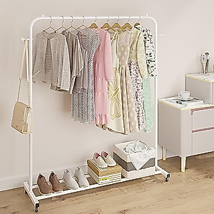 Boeeoan Garment Rack, Clothes Rack With Wheels, Freestanding Simple Single Pole, Coat Rack, Multi-functional Rolling Clothing Storage Rack With 2 Hooks for Bedroom, Laundry Room, Living-room, White