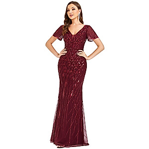 Ever-Pretty Women's Deep V-Neck Short Sleeves Open Back Fishtail Sparkle Formal Dresses Burgundy US6