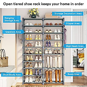 Tribesigns Shoe Rack Organizer, 36-44 Pairs Shoe Storage Shelf, 10 Tiers Shoe Stand, Shoe Rack for Closet, Boot Organizer with 2 Hooks, Stackable Shoe Tower