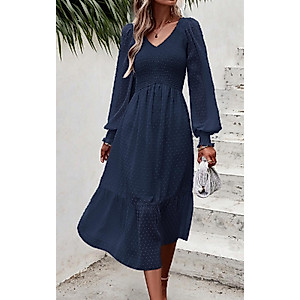 PRETTYGARDEN Women's Fall Dresses 2024 Long Sleeve V Neck Swiss Dot Smocked Ruffle Midi Dress Boho Chiffon Flowy Long Dress (Navy,Large)