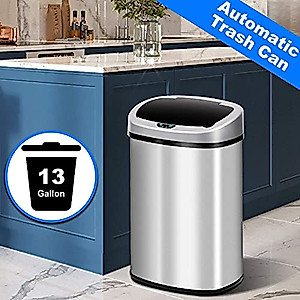 Hudada Kitchen Trash Can 13 Gallon Garbage Can Brushed Stainless Steel Waste Bin Automatic Trash Can Touch Free High Capacity 50 Liter with Lid for Kitchen Home Office Living Room Bedroom