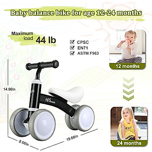 HAWEEK Baby Balance Bike Cute Toys for 1 Year Old Boy and Girl 12-24 Months Toddler Bike Baby Walker Riding Gifts for Boys Girls No Pedal Infant 4 Wheels Baby's First Birthday Gift (Black)