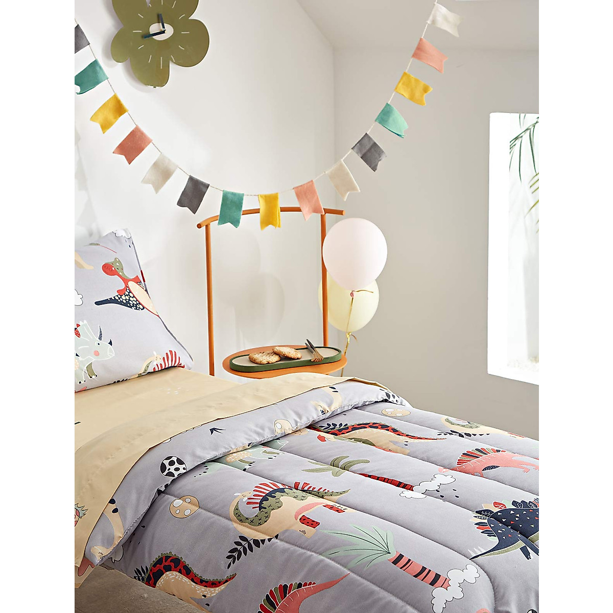 UOZZI BEDDING 4 Piece Gray Dinosaurs Toddler Bedding Set with Colorful Dinos Boys Bed Comforter Sheet Set