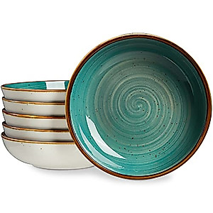 ONEMORE Porcelain Salad Pasta Bowls 30 Ounce, Set of 6 Ceramic Salad Dinner plates Bowls, Shallow & Wide Serving Bowls for Soup, Dessert, Pizza. Microwave & Dishwasher Safe Kitchen Dinnerware, Teal