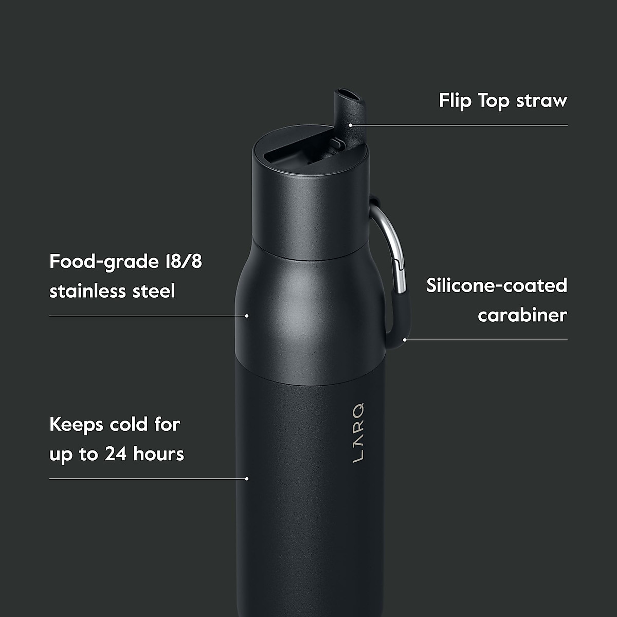 LARQ Flip Top 17 oz Insulated Stainless Steel Water Bottle With Straw | Thermos, BPA Free | Reusable Bottle for Sports, Gym, Travel | Keeps Drinks Cold 24 Hours, Obsidian Black