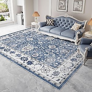 Vamcheer Area Rugs for Living Room - 5’x7’ Washable Area Rug for Bedroom Dining Room Kitchen Indoor Rugs, Soft Machine Washable Vintage Carpet, Blue