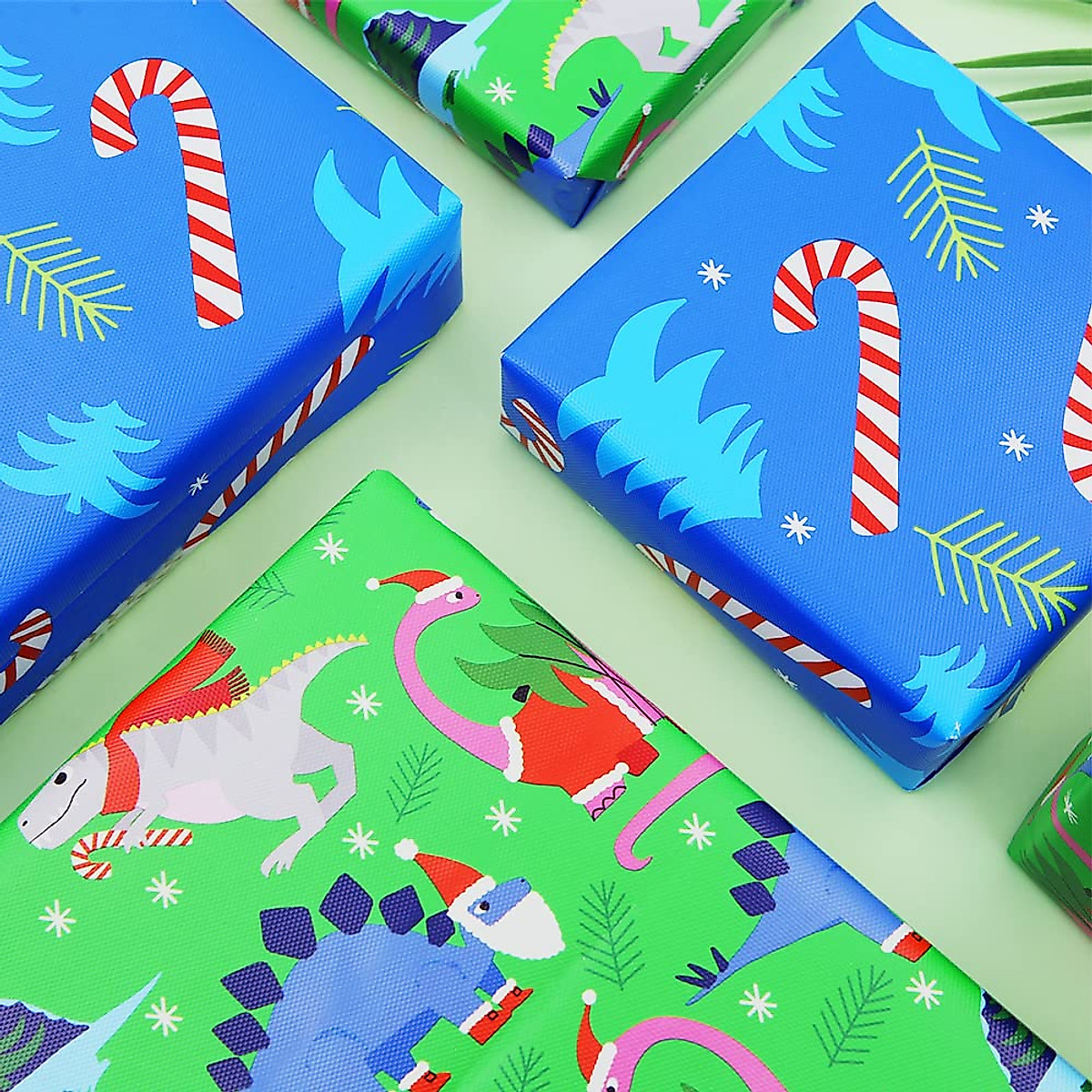 Dinosaur Wearing Santa Hats Christmas Double Side Reversible Wrapping Paper 4 Sheets Folded Flat 20x30 inches per sheet, Dinosaur T-rex Gift Wrap For Kids Girls Boys Men Women Unique Xmas Decorative Paper and Birthday Holiday