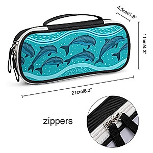 Dolphins in The Sea PU Leather Pencil Pen Case Organizer Travel Makeup Handbag Portable Stationery Bag