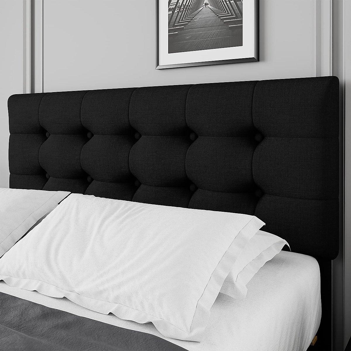 Full Size Bed Frame with 4 Storage Drawers and Adjustable Headboard, Upholstered Platform Bed with Button Tufted Design, Strong Wooden Slats Support, No Box Spring Needed, Black