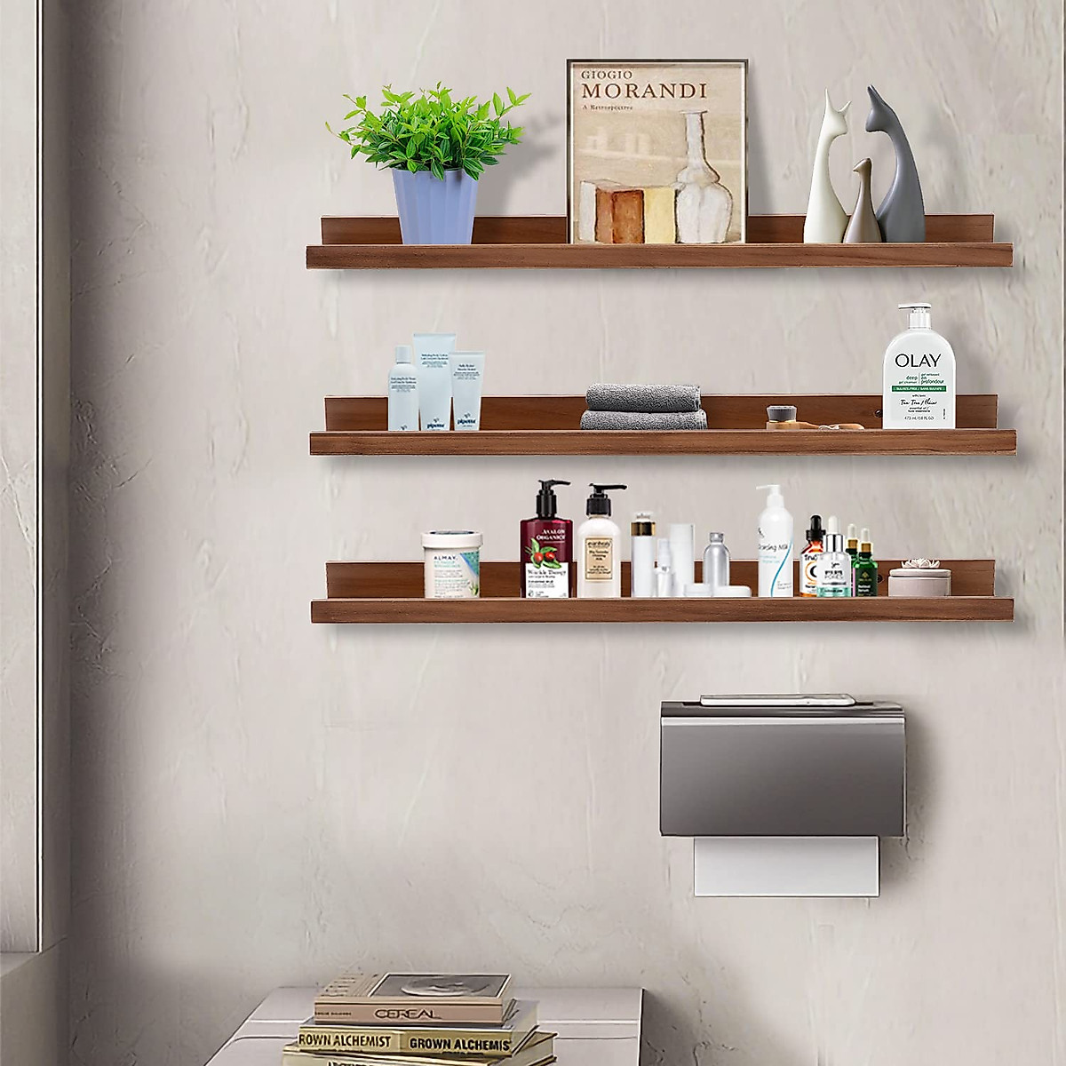 AZSKY 36 in Floating Book Shelves Rustic Wood Wall Picture Ledge Shelf for Storage Light Walnut Wall Mounted Picture Photo Display Shelf a Set of 3 Hanging Book Shelf
