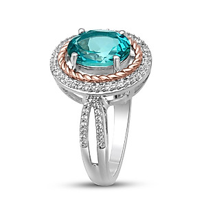 Jewelili Rose Gold Over Sterling Silver 9x7 MM Oval Cut Paraiba Topaz and Round Created White Sapphire Halo Engagement Ring, Size 7