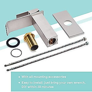 M OUDEMEI Waterfall Spout Bathroom Sink Faucet, 4 Inch Centerset Vanity Sink Faucet, Single Handle Lavatory Faucet, Mixer Tap with Deck Plate for 1 OR 3 Hole Easy Installation (Chrome)