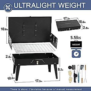 HOMFUL Charcoal Grills Portable Camping Grill Folding BBQ with 8 Pcs Barbecue Accessories with Lid 3-level Height Adjustment for 3 to 5 people for Outdoor Hiking Party Park Beach, Black