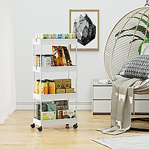 OTK Storage Cart 4 Tier Mobile Shelving Unit Organizer, Utility Rolling Shelf Cart with Wheels for Bathroom Kitchen Bedroom Office Laundry Narrow Places, White