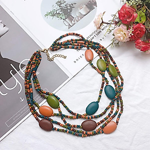 Coiris Bead Necklace for Women 5 Layers Strand Wooden Choker Necklaces for Women Chunky Statement Ethnic Bead Layered Bib Collar Necklace Hip Hop Jewelry (N0019)
