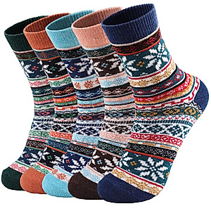 coclothy Women's 5 Pairs Thick Wool Socks, Argyle, Free Size, Cold Weather, Knit, Comfortable, Crew Length, Hiking, Socks