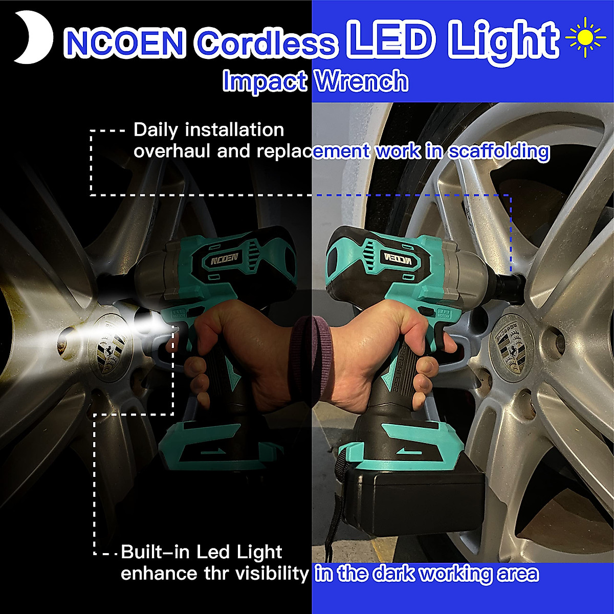 NCOEN 600N.m 1/2 Impact Driver 2 x 4.0 Batteries Cordlss Impact Wrench max torque 450ft/lbs, with 4 sockets and portable carrying case for home garden Blue Impact Gun