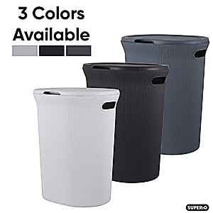 Superio Ribbed Collection - Decorative Plastic Laundry Hamper with Lid and Cut-Out Handles, White Smoke (1 Pack) Basket Organzier for Bedroom Bathroom College Dorm Room 40 Liter