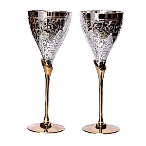 Tuzech Wine Champagne Whisky Glasses - Pure Handmade Silver Plated Engraved Premium Goblet | Champagne Flutes Coupes | Party Glass Dining Set Cutlery, Business Gift – (10 OZ 2 piece)