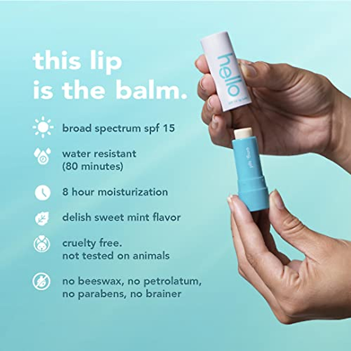 Hello Moisturizing Vegan Lip Balm SPF 15, Sweet Mint, Beeswax Free, Petrolatum Free, and Parabens Free, 0.15 Ounce (Pack of 3)