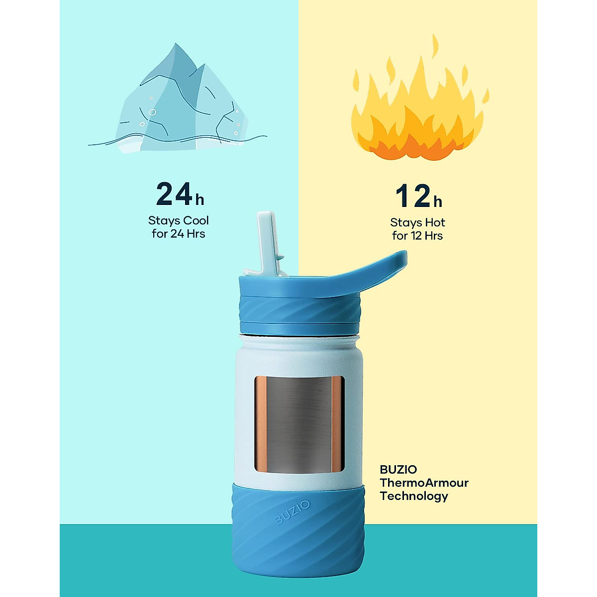 14oz Kids Water Bottle for School Toddler Thermo Water Cups with Straw Lid & Silicone Boot, BUZIO Stainless Steel BPA-Free Insulated Water Tumbler Travel Bottles, Metal Mug with Stickers- Blue