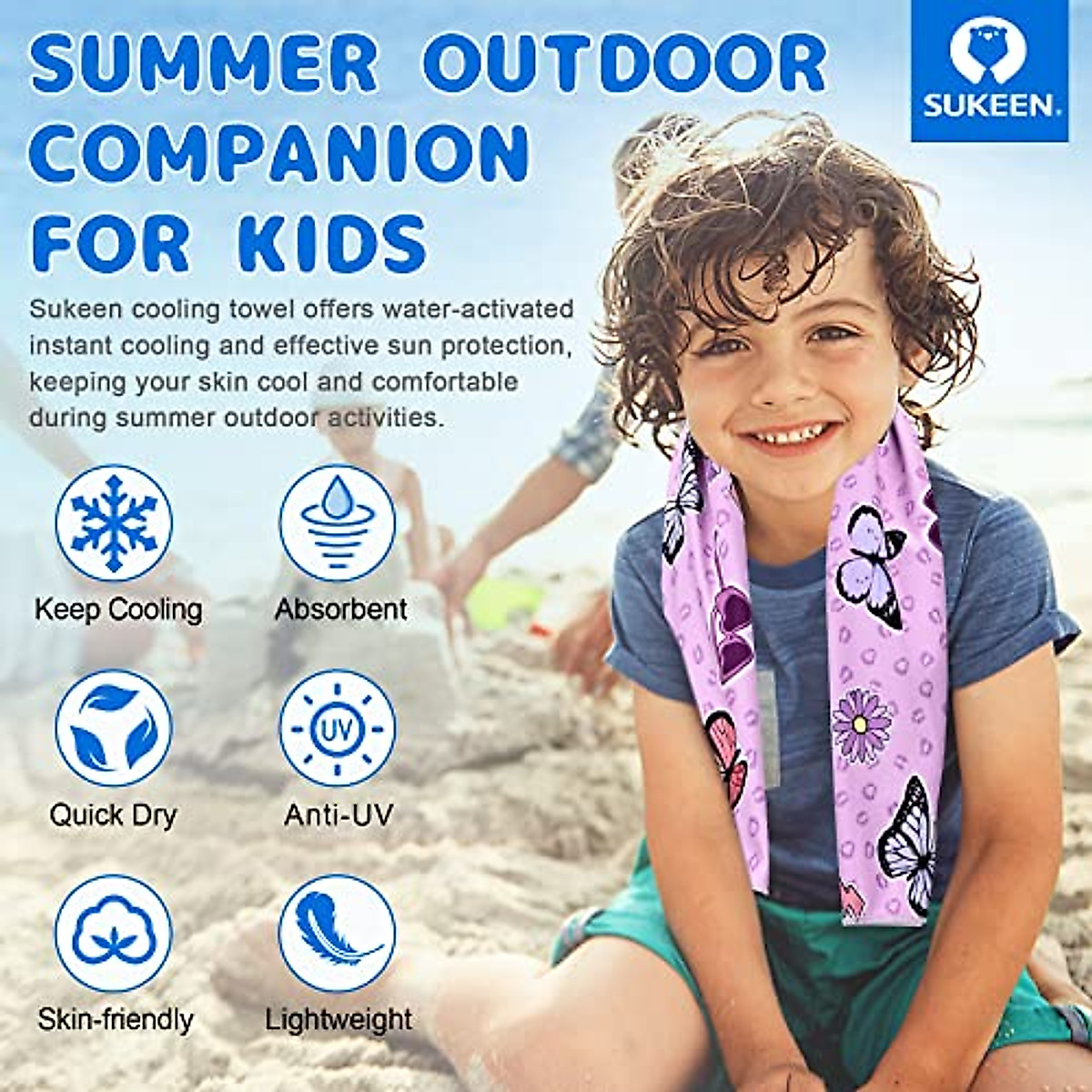 Sukeen Mini Cooling Towels (31 "x9),Kids Beach Towels,Soft Breathable Chill Towels,Microfiber Towels for Boys and Girls Sports,Running,Play,Exercise, School and More Activities.