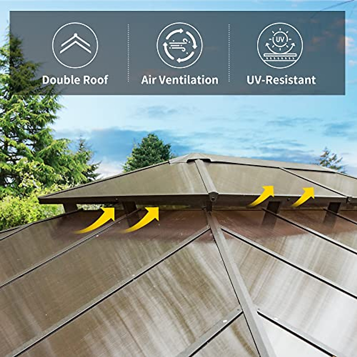 Domi 12' X 16' Hardtop Gazebo, Permanent Outdoor Gazebo with Polycarbonate Double Roof, Aluminum Gazebo Pavilion with Curtain and Net for Garden, Patio, Lawns, Deck, Backyard