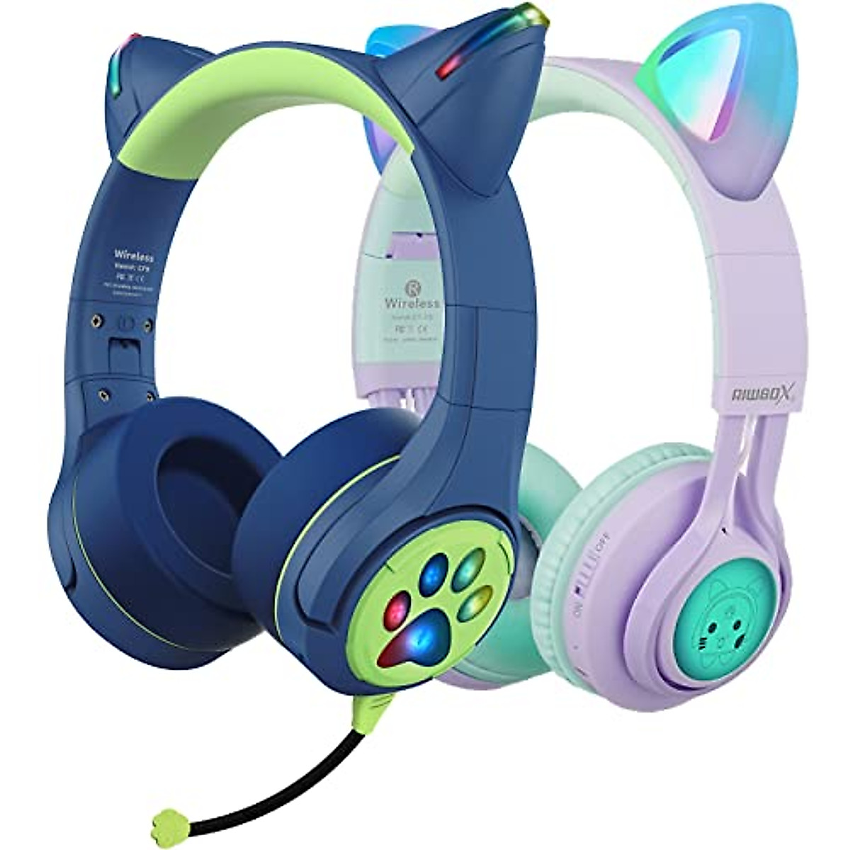Kids Bluetooth Headphones, 2 Packs Cat Ear Headphones with LED Light, Boom Mic&Built-in Mic for Calls, 85dB Volume Limited Kids Headphones Wireless&Wired for School Tablet PC Phones (Purple&Blue)