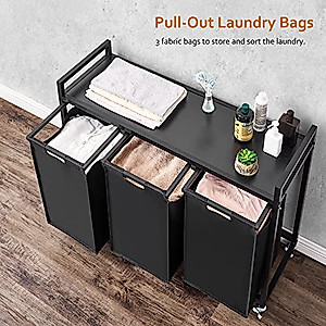 Herture Laundry Basket, 3 Compartment Laundry Hamper, 3 x 10 Gal (38L), with Shelf Rolling Laundry Sorter Organizer, Pull- Out Laundry Sorter with 3 Removable Laundry Bags Black PF01XLB
