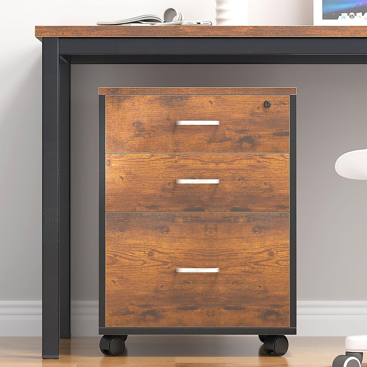 Need 3 Drawer Wood Mobile File Cabinet with Lock,Rolling Filing Cabinet for Letter/A4 Size for Home Office,Rustic Brown 10CZSSFC04FG-ND