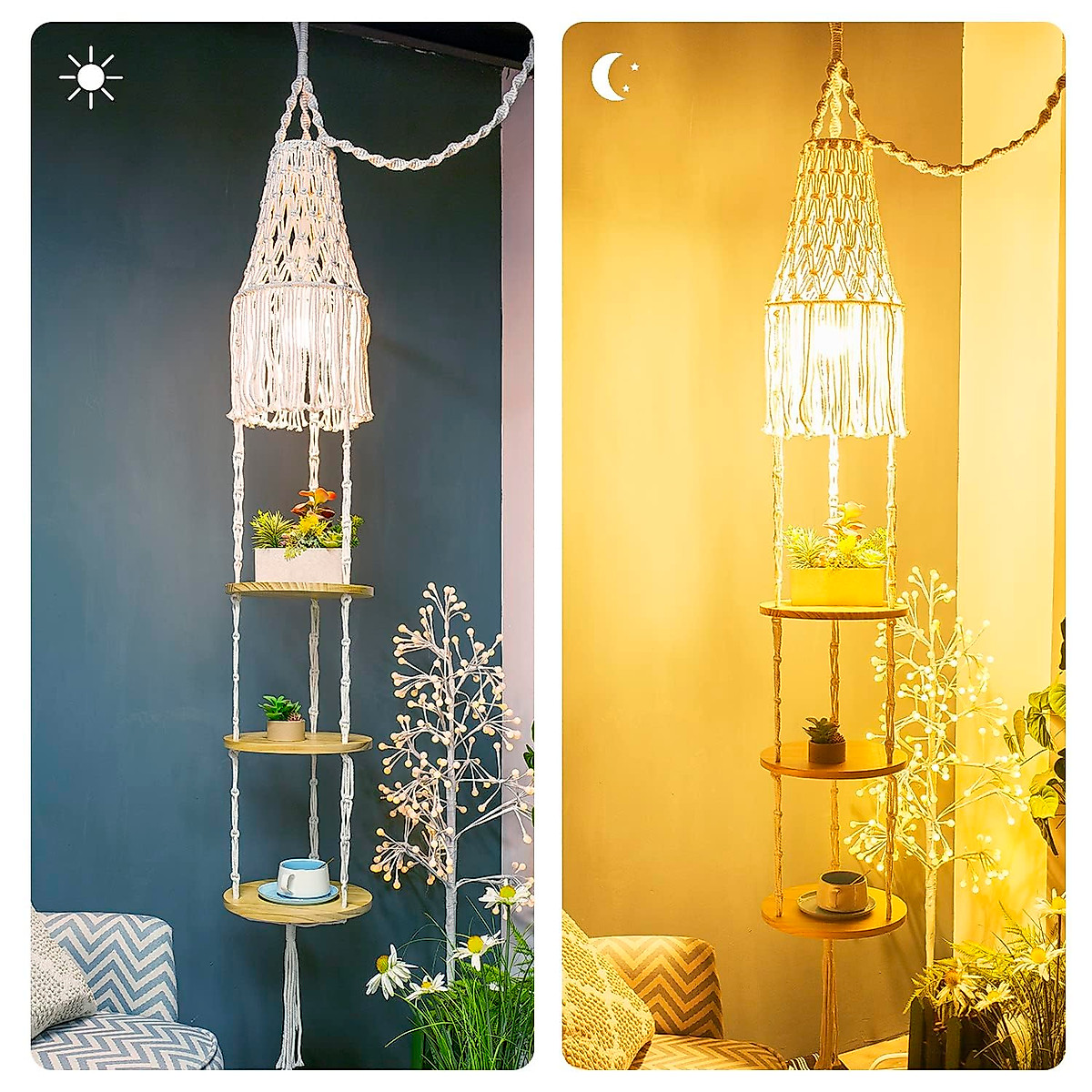 Macrame Lamp Shade and Hanging Plant Holder Shelf Indoor for Boho Bedroom Decor Plug in Pendant Light Hanging Light with Plug in Cord and Switch for Bohemian Office Corner Reading Light (Cream)