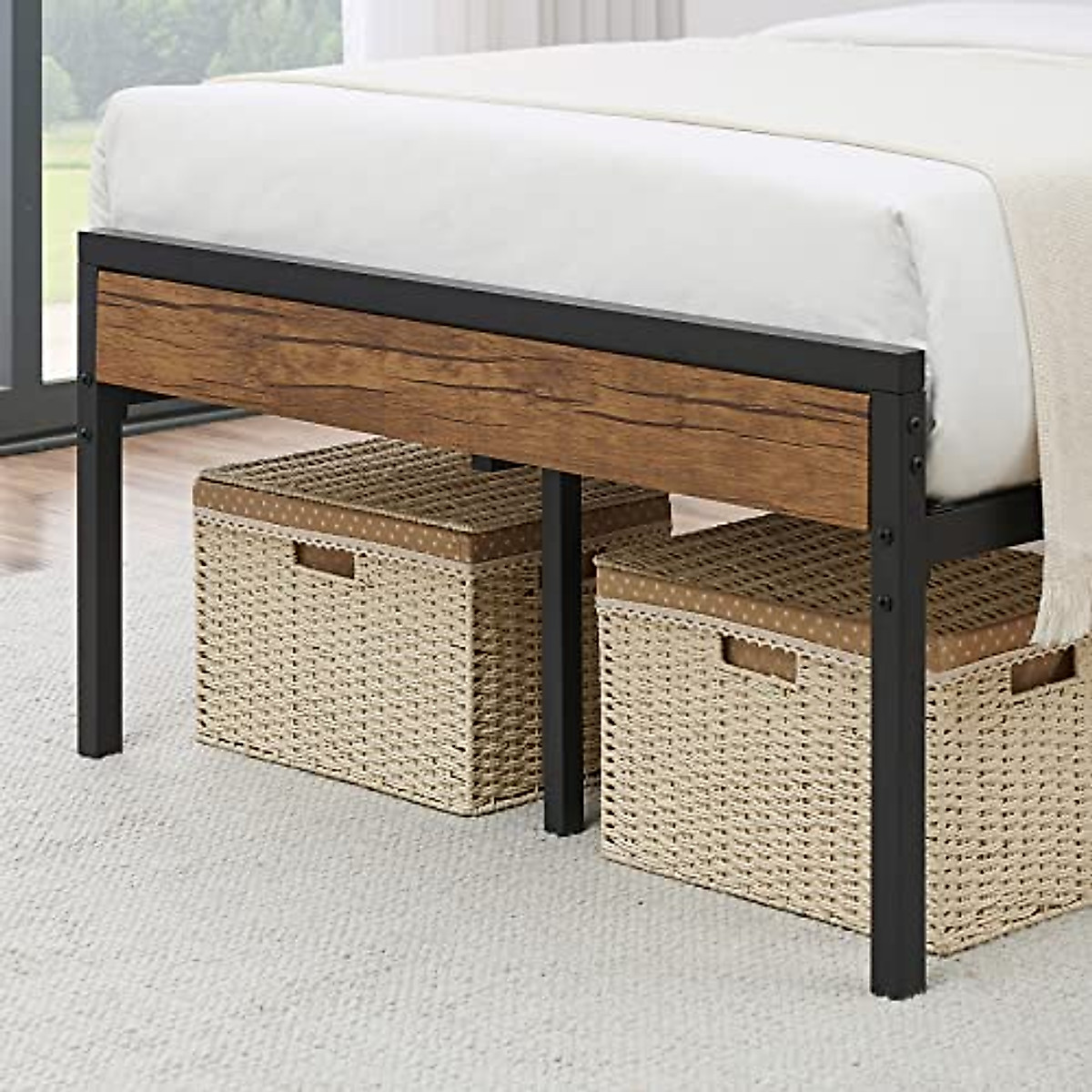 Alkmaar Bed Frame with Wood Headboard and Metal Slats Support Platform Bed Frame with Storage No Box Spring Needed (Twin)